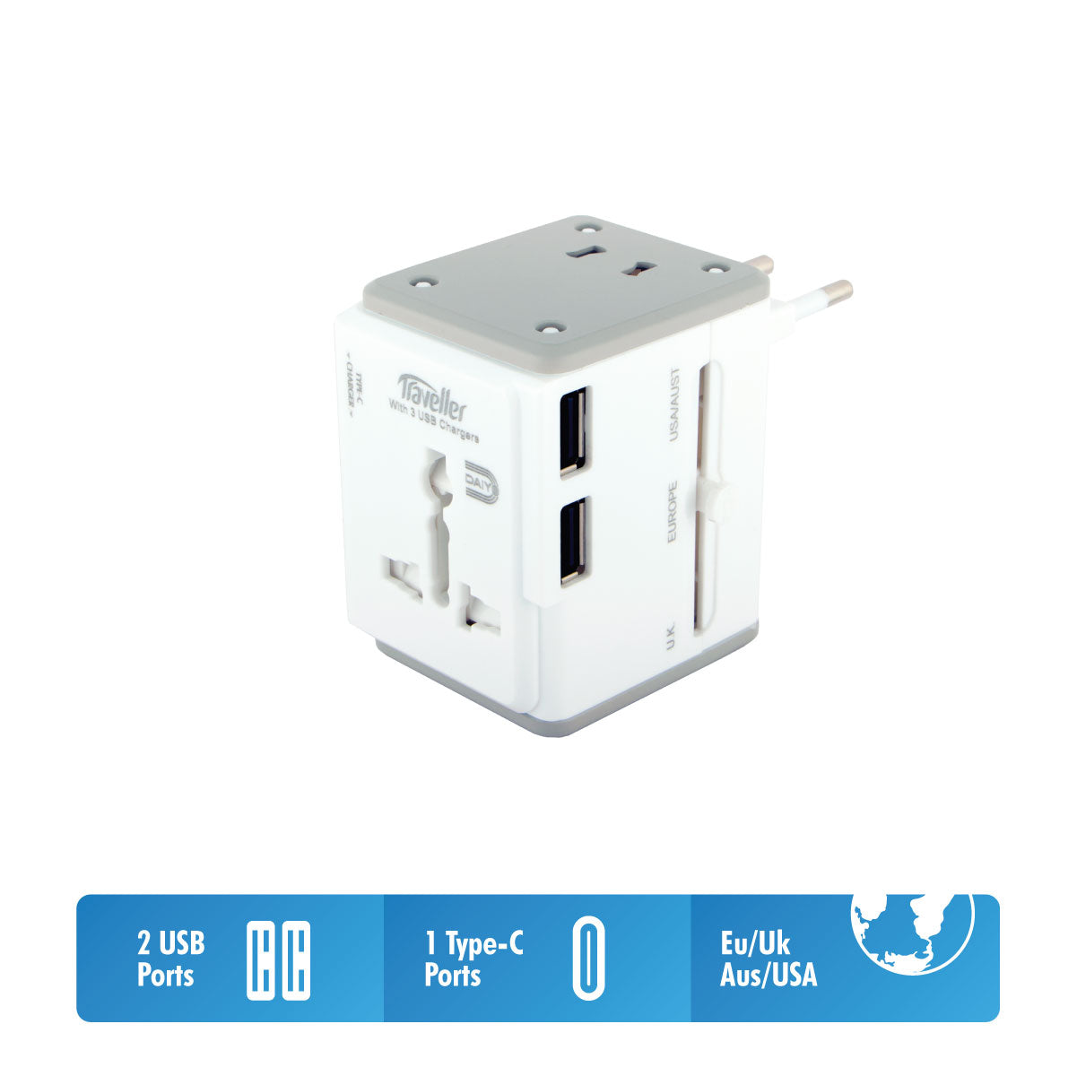 Daiyo DE 318 Travel World Multi Adaptor 3.1A, 2 USB-A + 1 USB-C Ports
